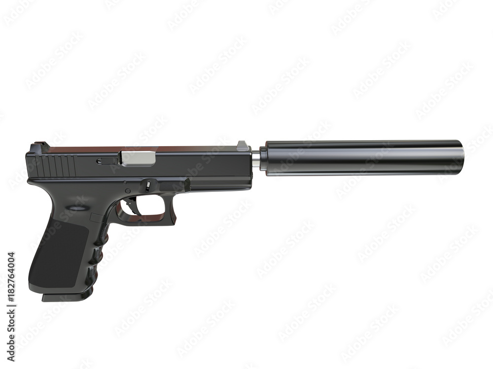 Semi - automatic modern tactical handgun with silencer - side view ...