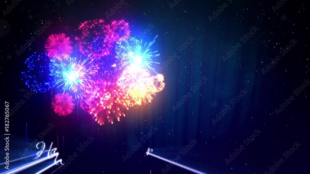 Beautiful multi colored fireworks with laser show on winter night sky ...