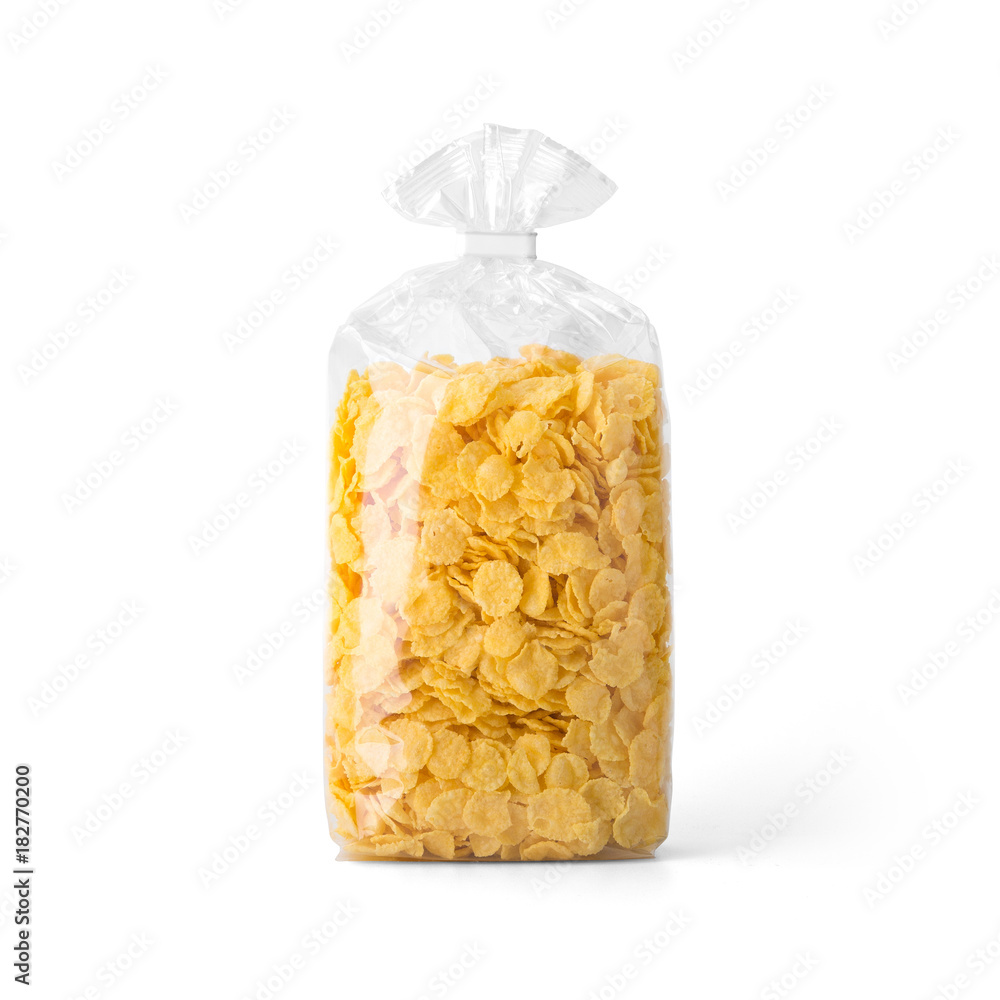 Corn flakes in transparent plastic bag isolated on white background ...