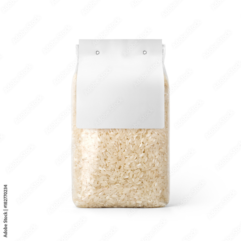 Rice in transparent plastic bag with white label isolated on white ...