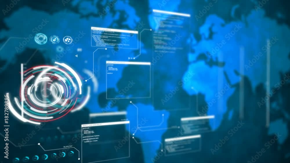 4K Animation UI User Interface with world map data HUD pi bar text box ...