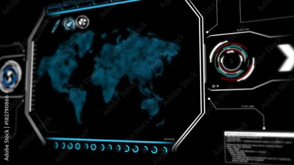 4K Animation UI User Interface with world map data HUD pi bar text box ...