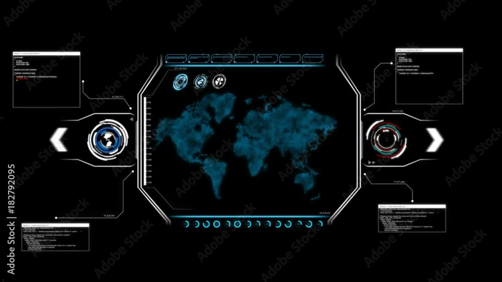 4K Animation UI User Interface with world map data HUD pi bar text box ...