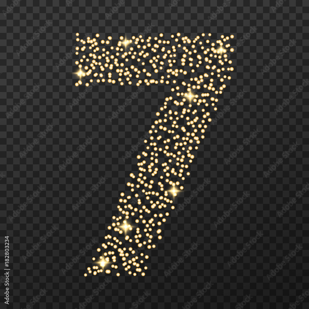 Gold glittering number seven . Vector shining golden font figure ...