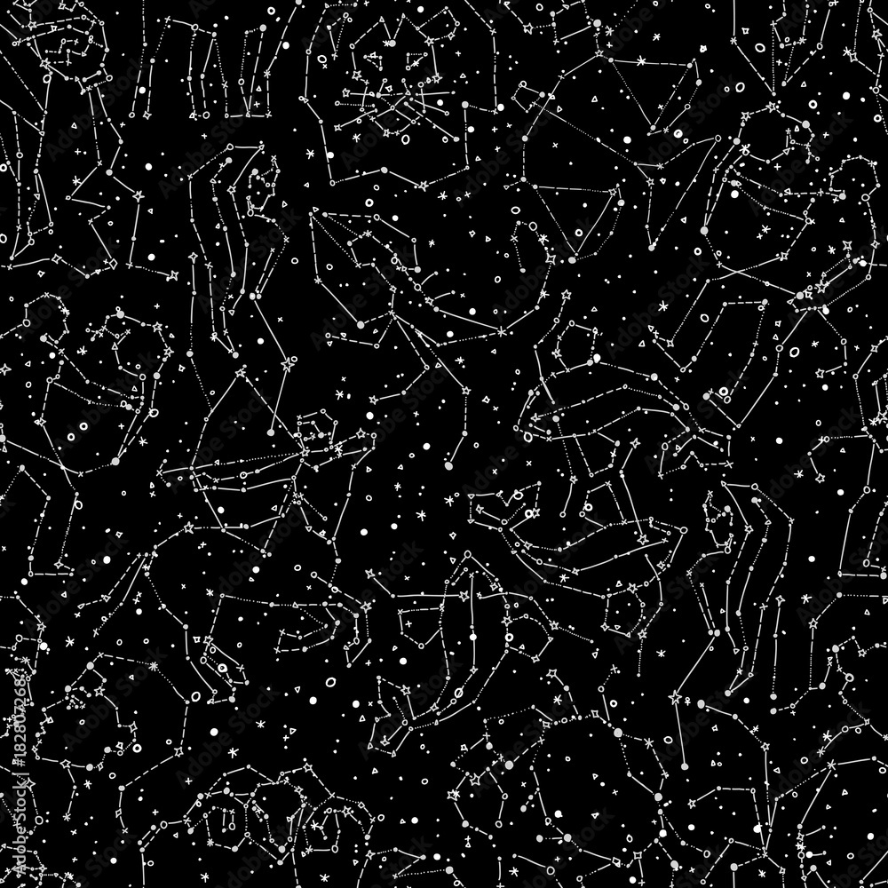 Horoscope hand draw seamless pattern, all Zodiac signs in constellation ...