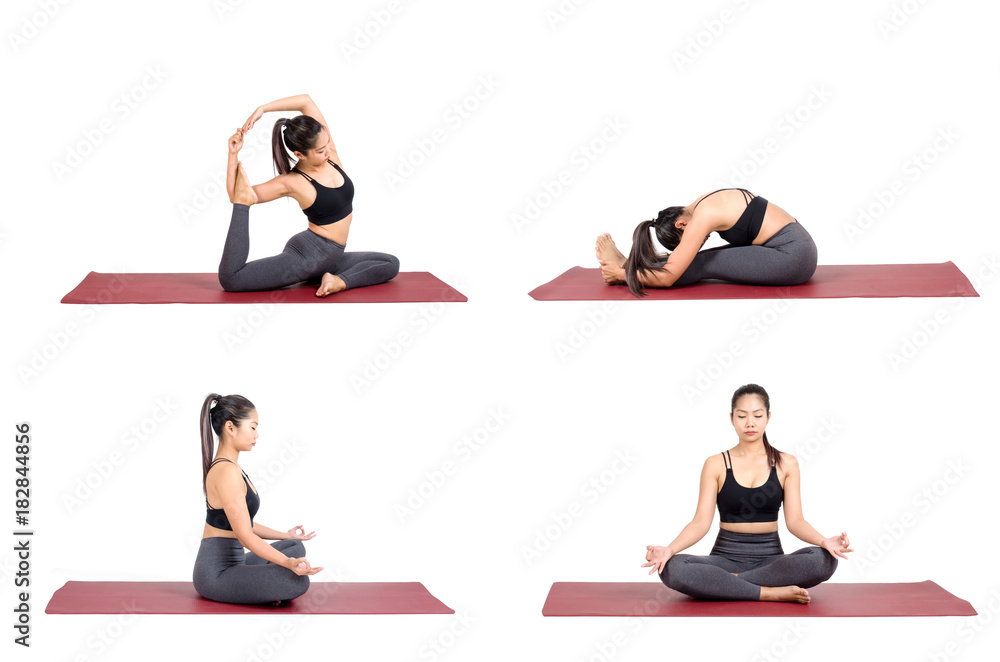 collection set of young asian woman in sportswear practicing yoga on ...