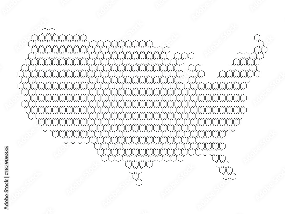 Hexagonal mosaic in a shape of USA map. Black vector illustration ...