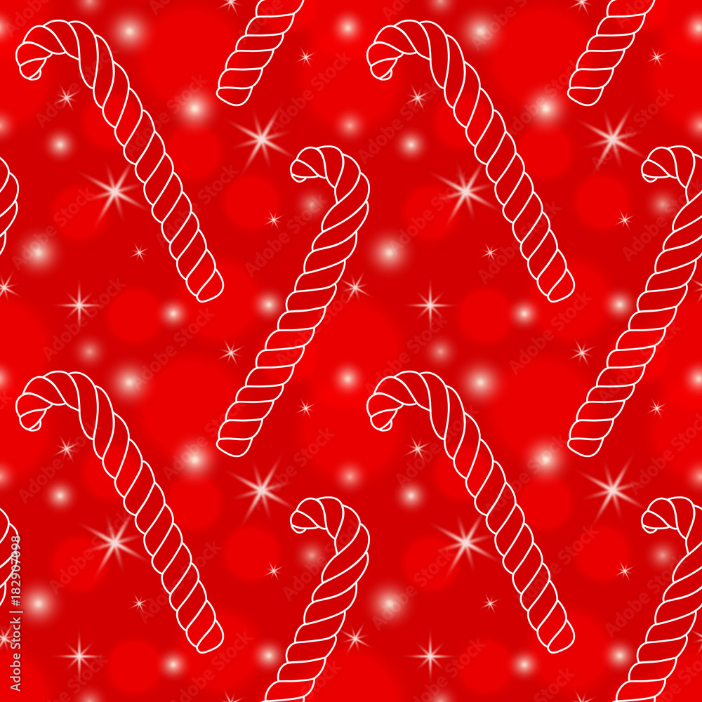 Seamless pattern of candy cane. White contour of candy on a green ...
