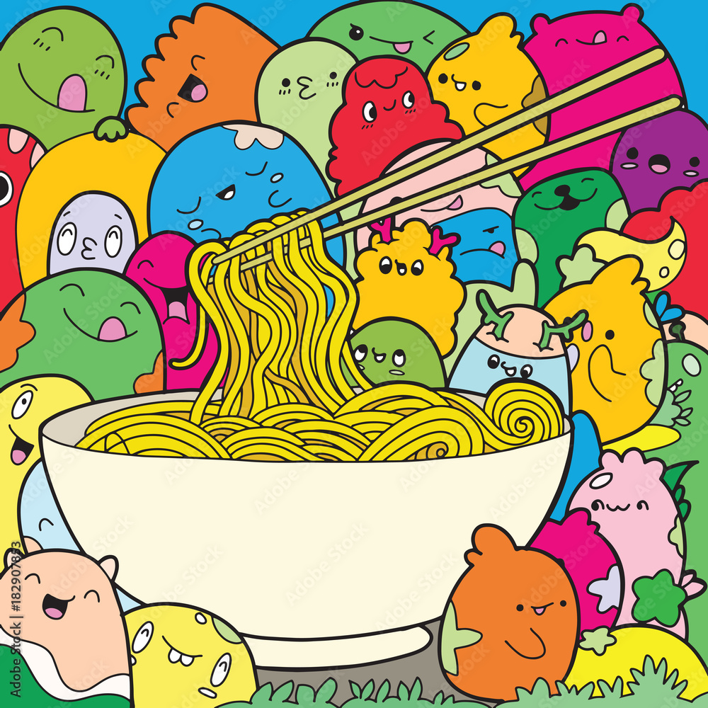 Vector illustration of Noodle in Doodle style with cute Monster ...
