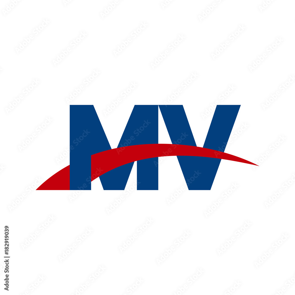 Initial letter MV, overlapping movement swoosh logo, red blue color ...