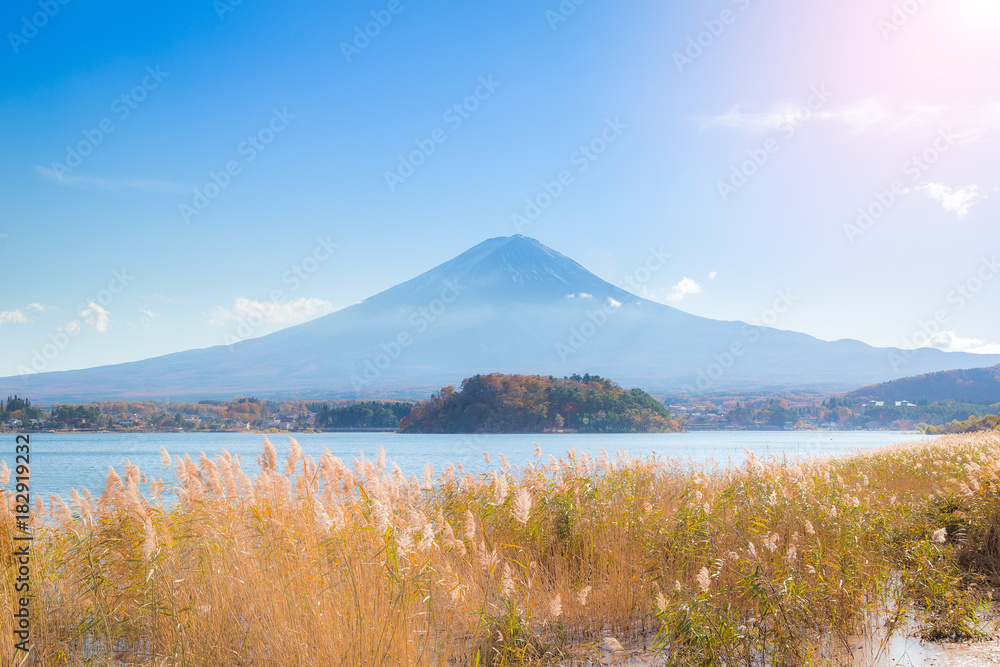 Mount Fuji view with Lake Kawaguchi and clear blue sky background in ...