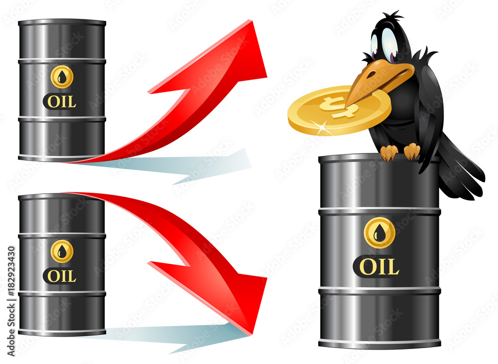 Crow sits on a barrel of oil and holds dollar symbol. Barrels of oil ...