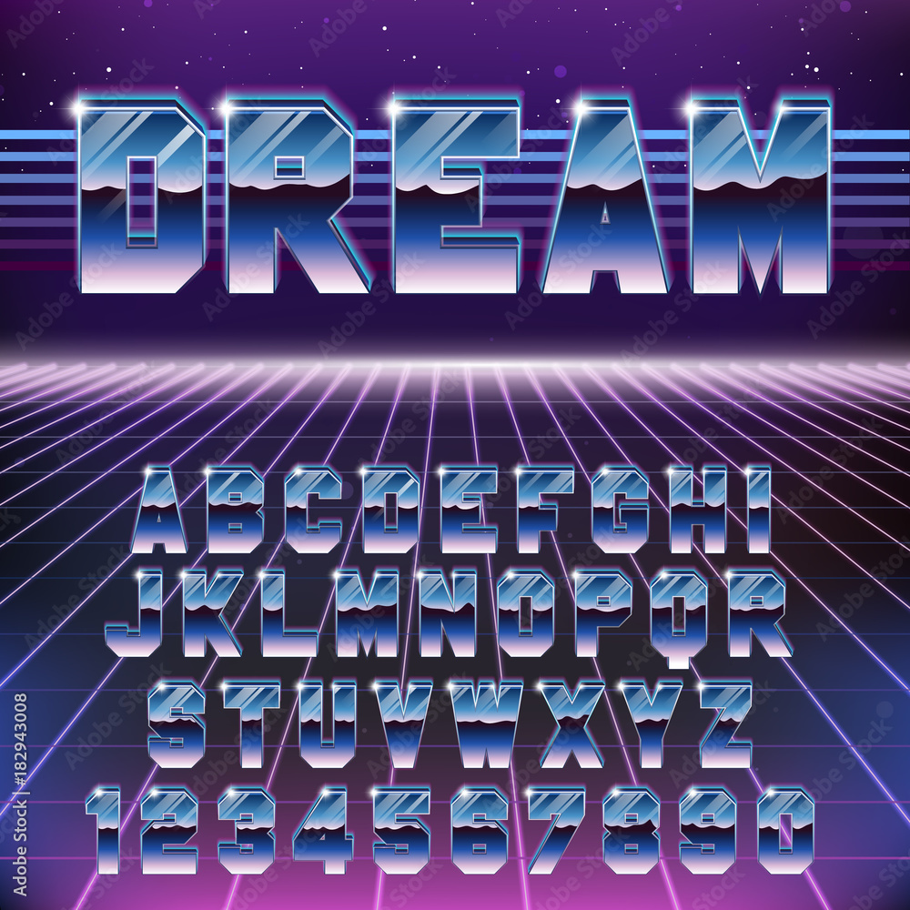 Shiny Chrome Retro Futuristic Font. Stylish Retro Synth Wave Alphabet ...