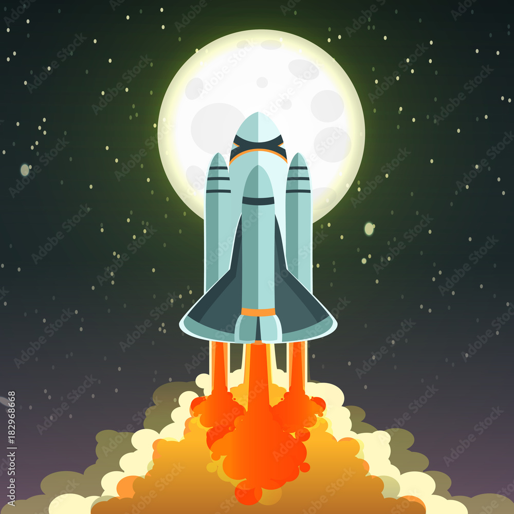 A cartoon flat space shuttle flies into space amid a large moon with ...