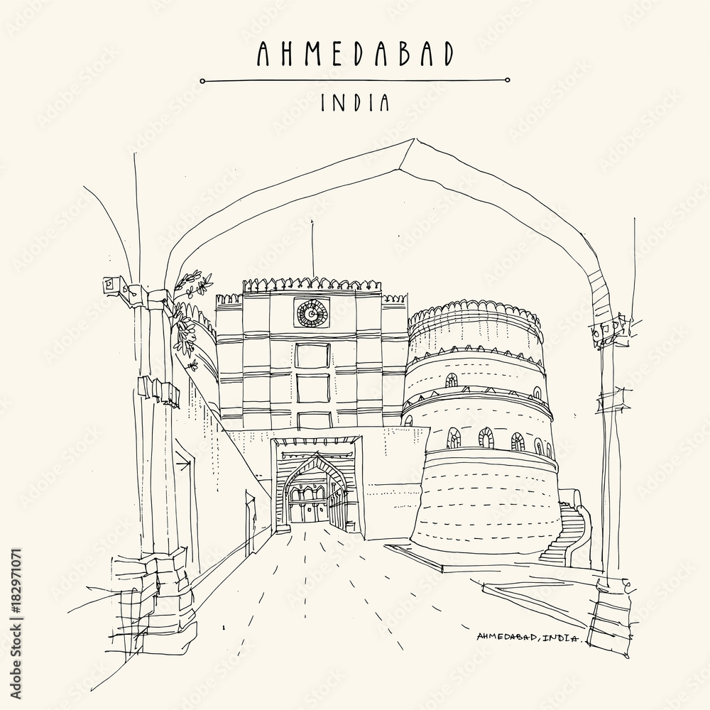 Lal Darwaza - Red Gate in Ahmedabad, Gujarat, India. Travel sketch art ...