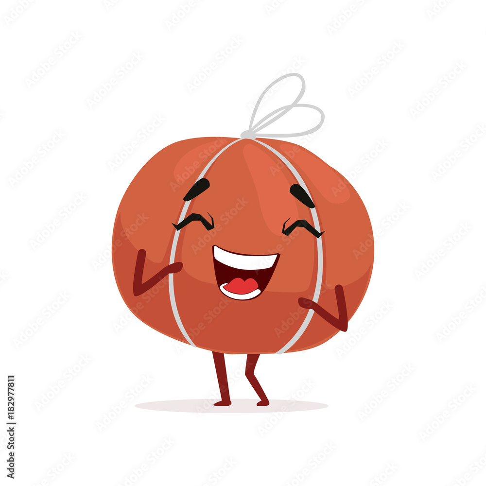 Cheerful smoked boneless ham in net. Cartoon meat character standing ...