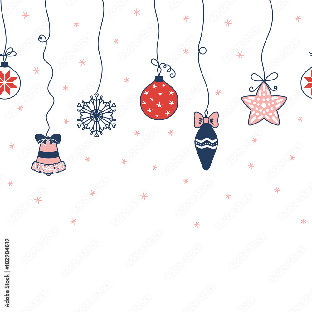 Hand drawn seamless horizontal vector pattern with Christmas ornaments ...