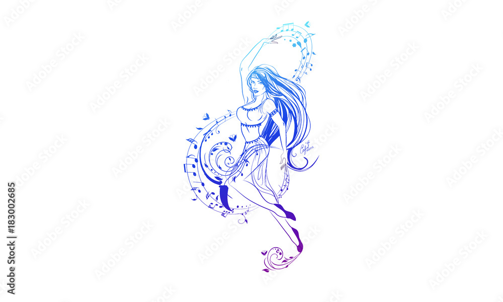 One of school subjects set, music, dance, vector coloring page, girl ...