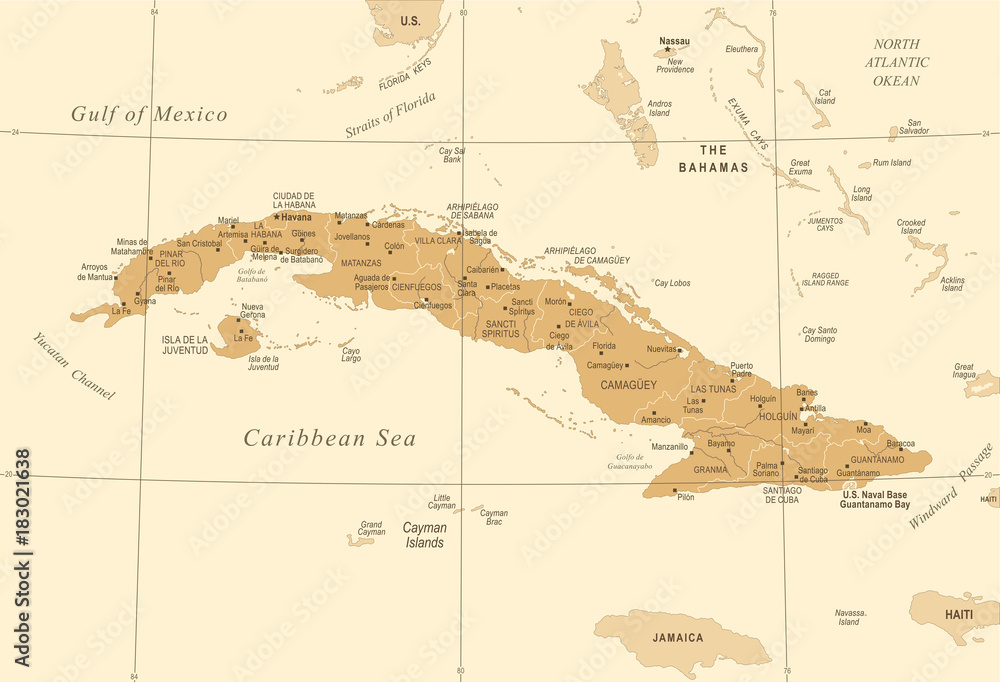 Cuba Map - Vintage Detailed Vector Illustration Stock Vector | Adobe Stock