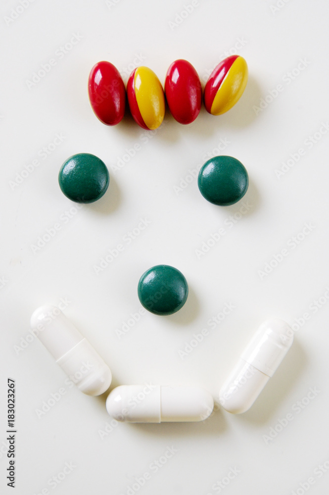 Various vitamin pills, medical capsules, anti-depressants and drugs in ...