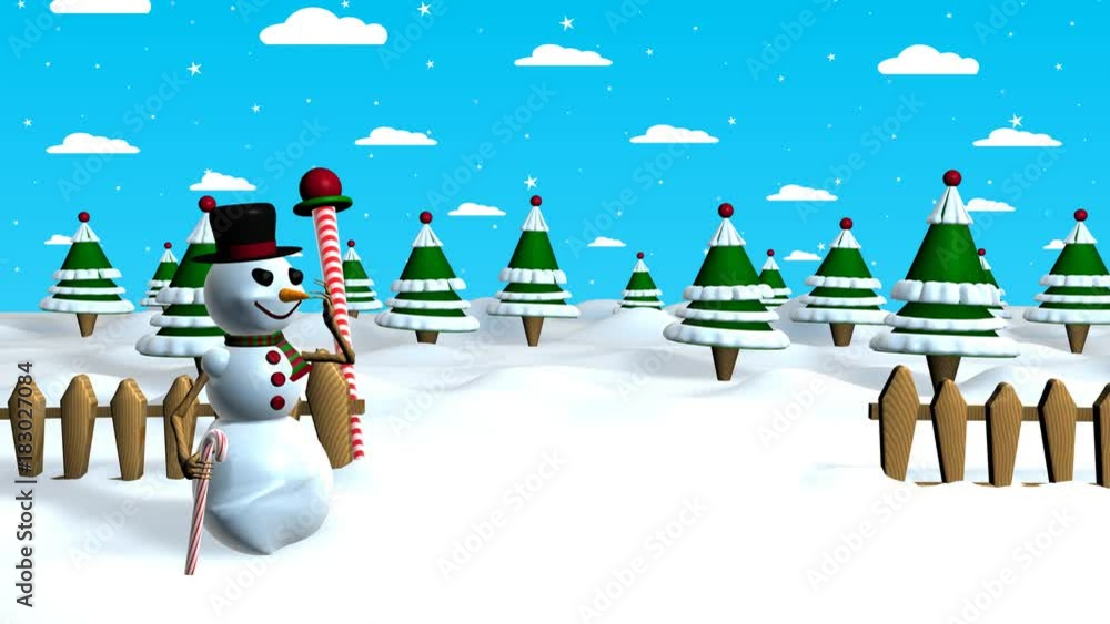 Christmas scene of a snowman pulling a Christmas tree out of his hat ...