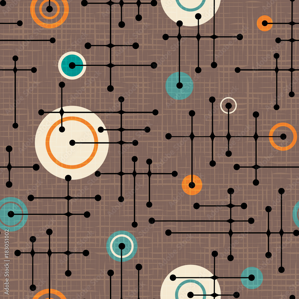 Seamless 1950s retro pattern of lines and circles for fabric design ...