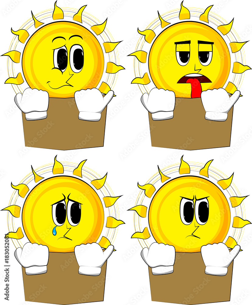 Cartoon sun reading book and hiding behind it. Collection with sad ...