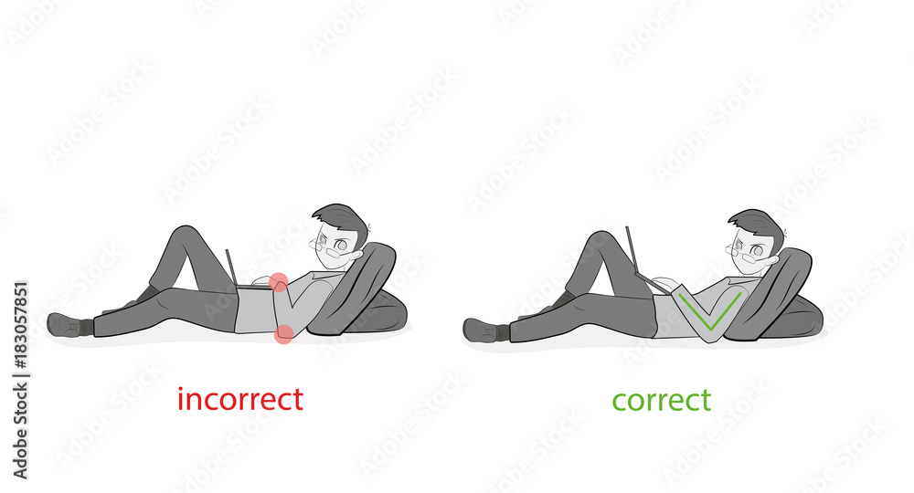 the correct and wrong position of lying down working behind the laptop ...