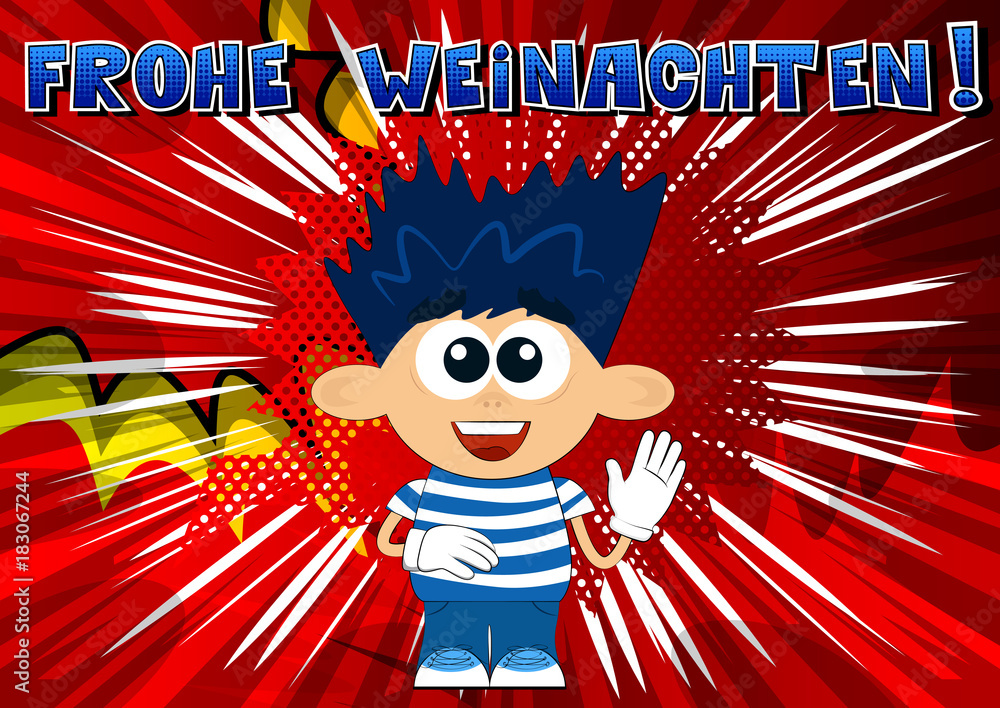 Vector illustrated cartoon boy with Merry Christmas text in German ...