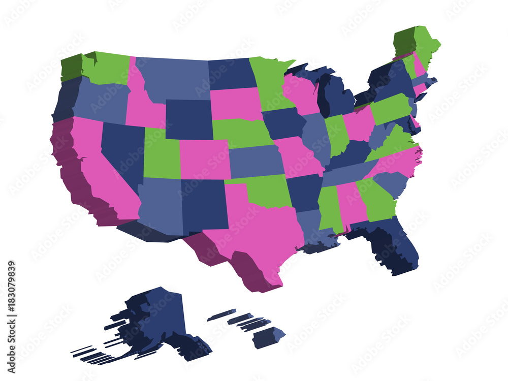 3D map of United States of America, USA, divided into federal states ...