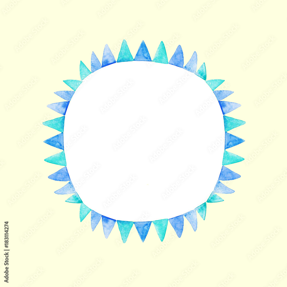 Watercolor blue party flags frame. For design, print or background ...
