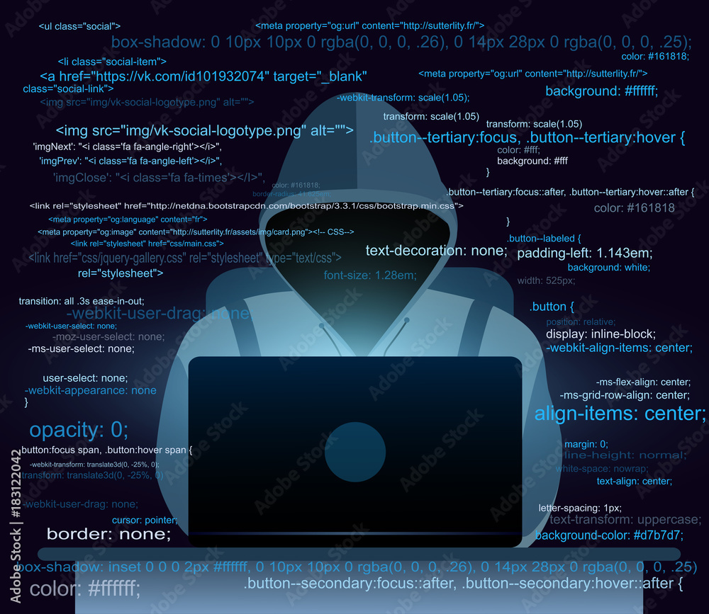Vector illustration of hacker with laptop, hacking the Internet on dark ...
