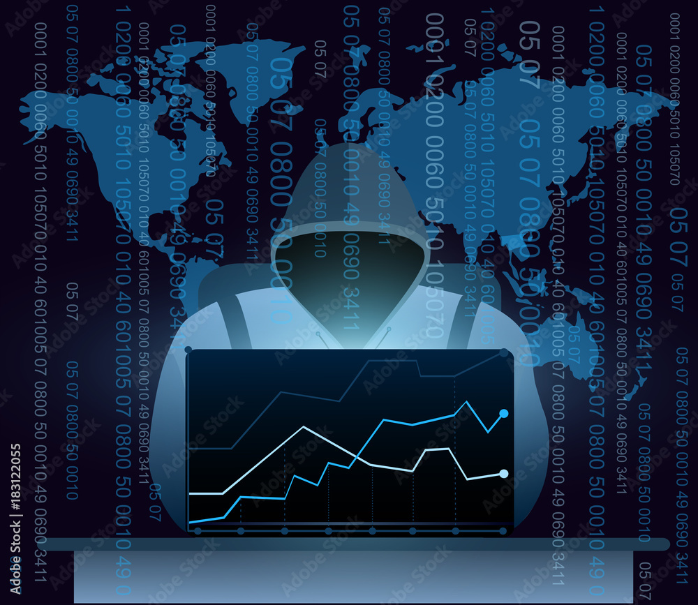 Vector illustration of hacker with laptop, hacking the Internet on ...