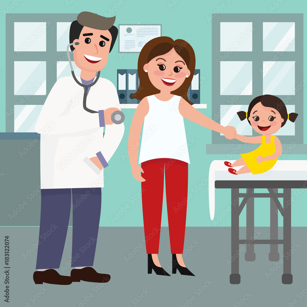 Vector illustration of pediatrician doctor and the mother with a baby ...