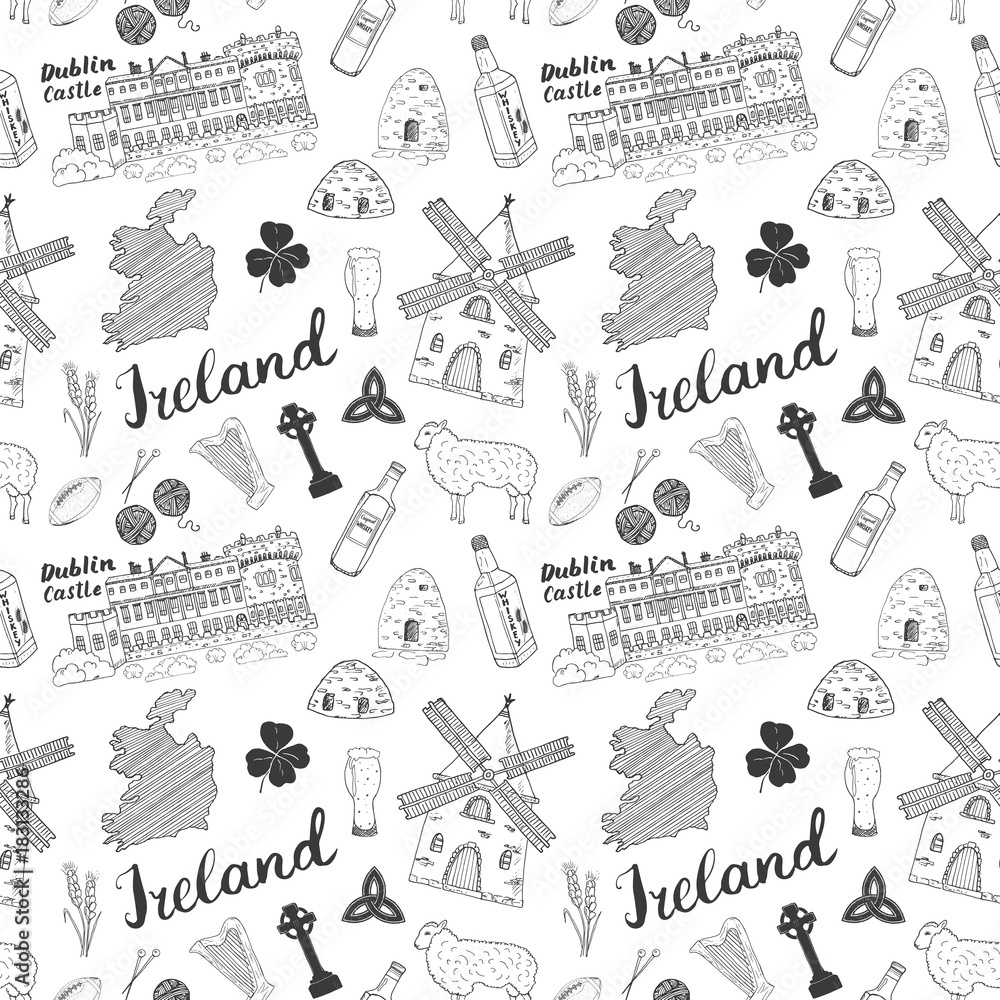 Ireland Sketch Doodles Seamless Pattern. Irish Elements with flag and ...