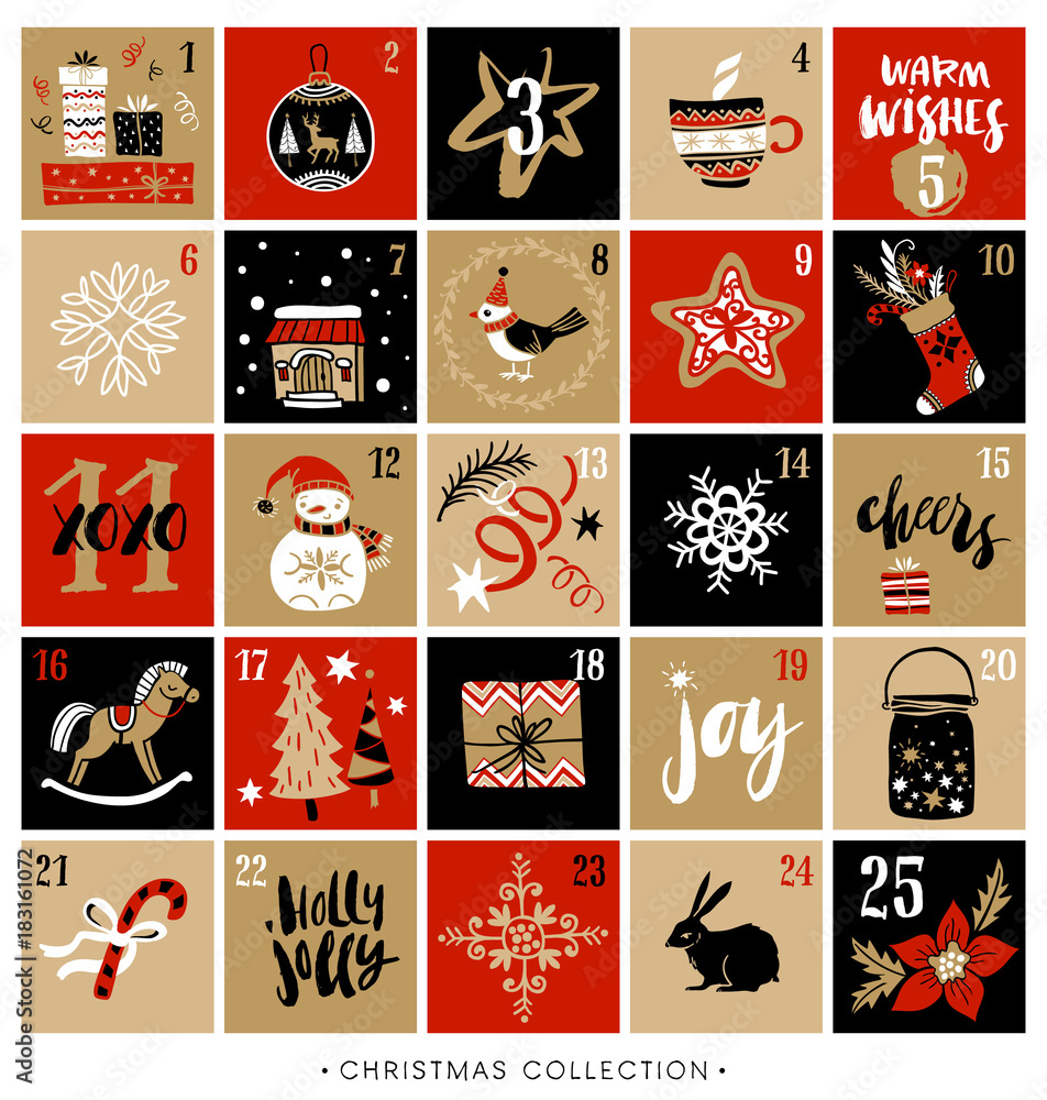Christmas advent calendar. Hand drawn design elements and calligraphy ...