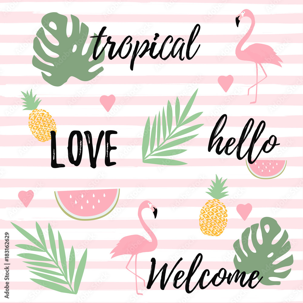 Tropical background with flamingos watermelon and pineapples. Summer ...