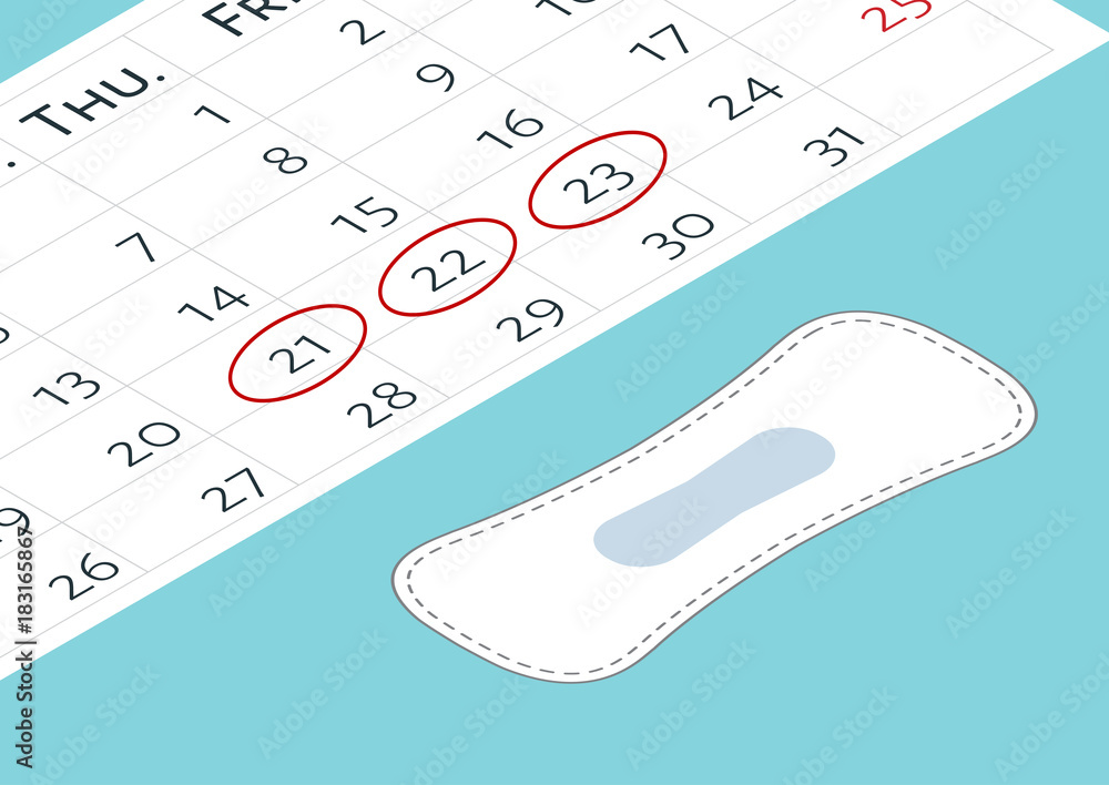 A calendar with the menstrual days marks and menstrual pads. Vector ...