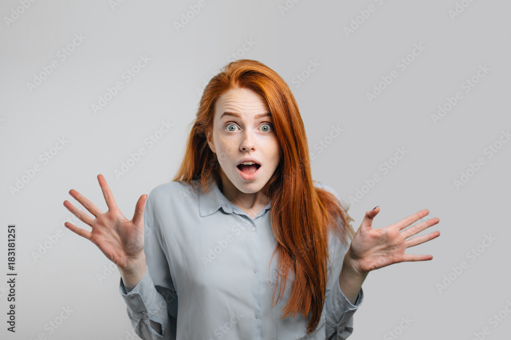 Human face expressions and emotions. Redhead young female with freckles ...