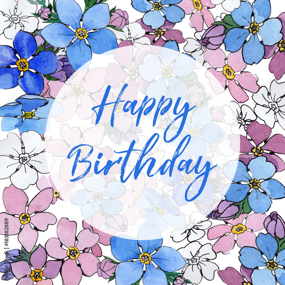 Wildflower forget-me-not flower frame in a watercolor style. Full name ...