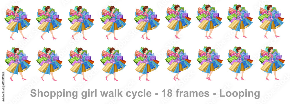 shopping girl walk cycle, Animation sprite sheet, sprites, Loop ...
