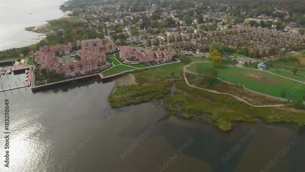 Aerial view of Staten Island. Camera shhoting houses from above water ...
