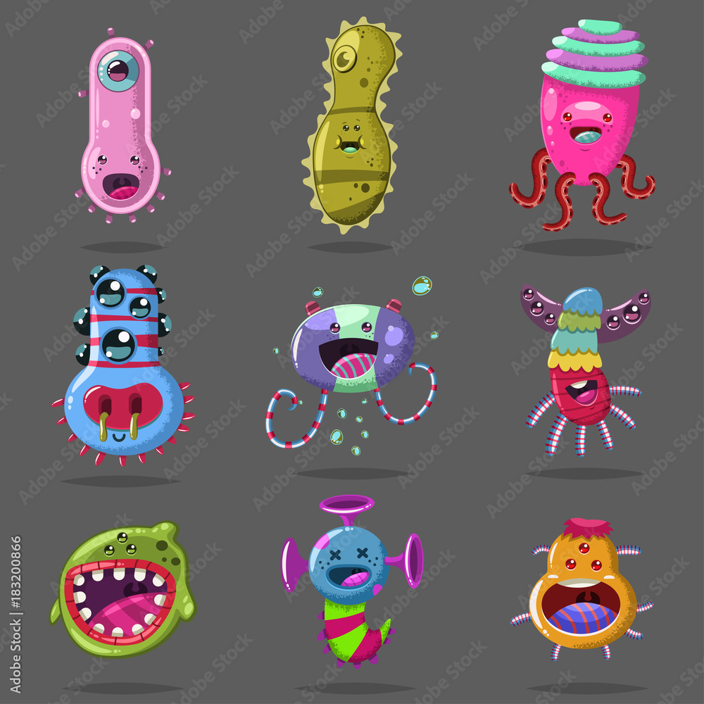 Funny bacteria, virus, germ vector cartoon character set. Cute monster ...