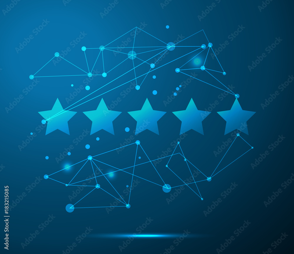 Vector five stars blue background with lines, dots, technology concept ...