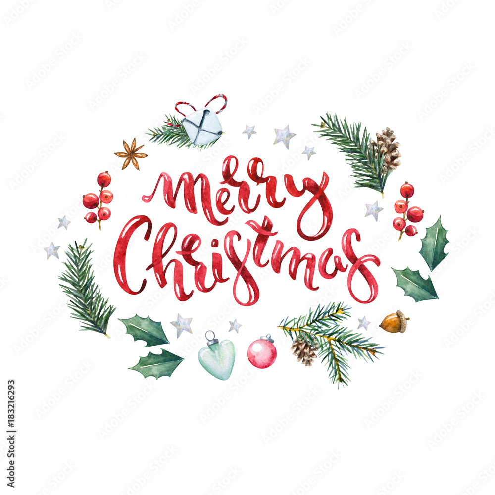 Merry Christmas. Bright watercolor holiday greeting card with winter ...
