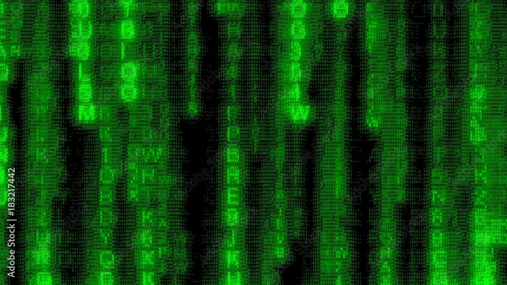 Random glowing symbols falling down (code rain, a popular sci-fi movie ...