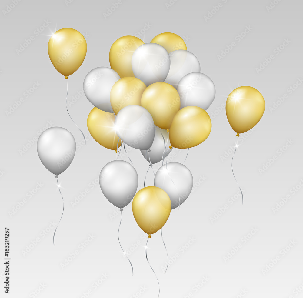 Vector realistic shiny group of silver and gold flying balloons ...