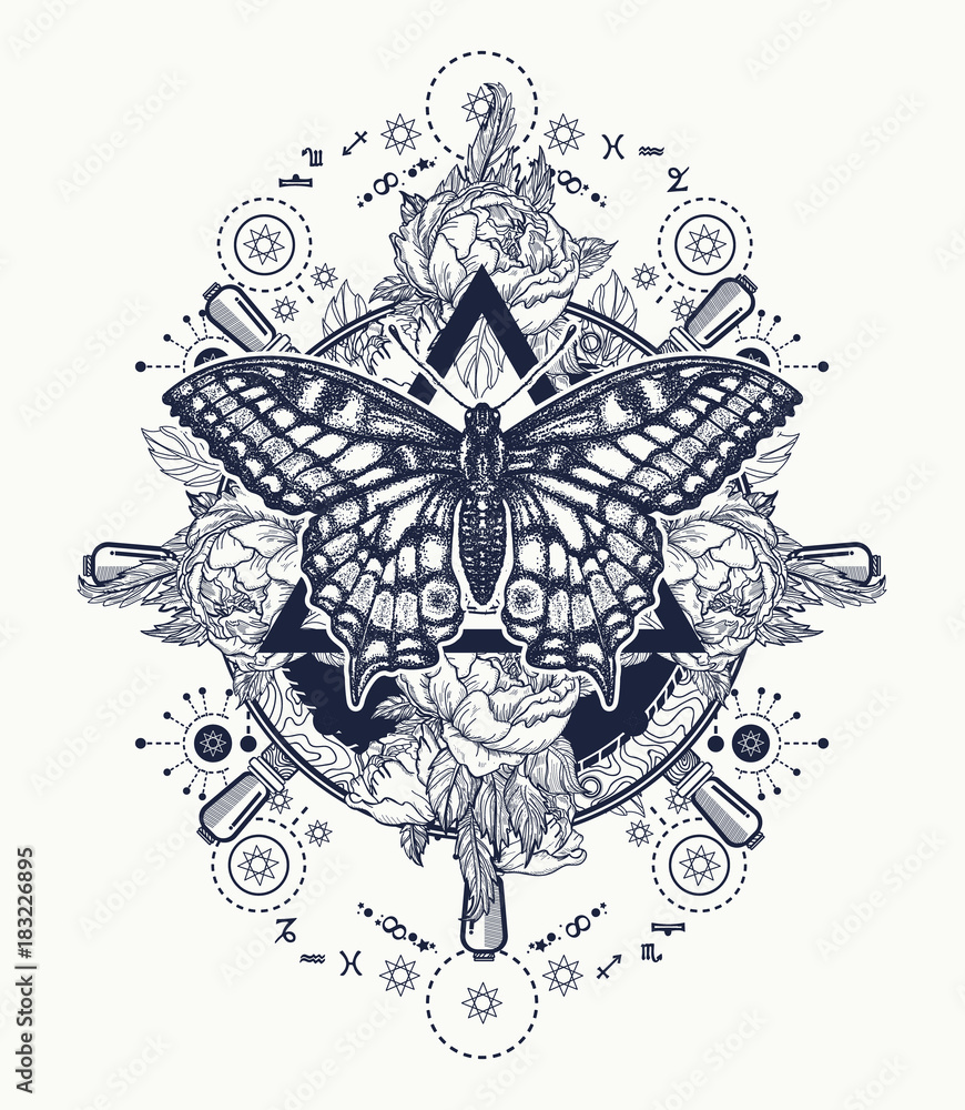 Magic butterfly tattoo art. Freemason and spiritual symbols. Alchemy ...