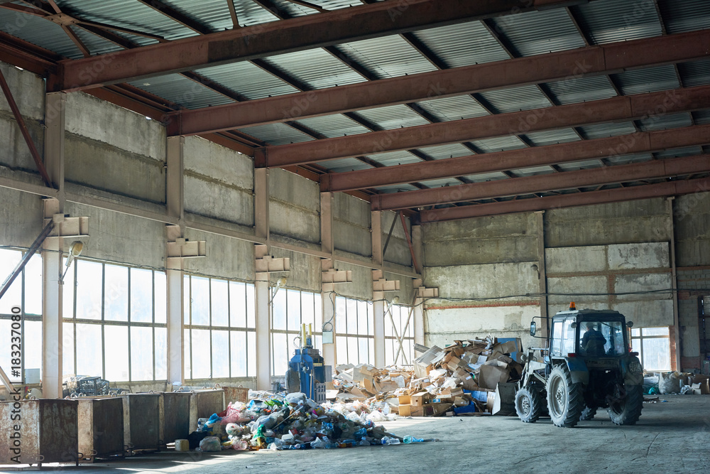 Wide angle image of industrial warehouse of modern waste processing ...