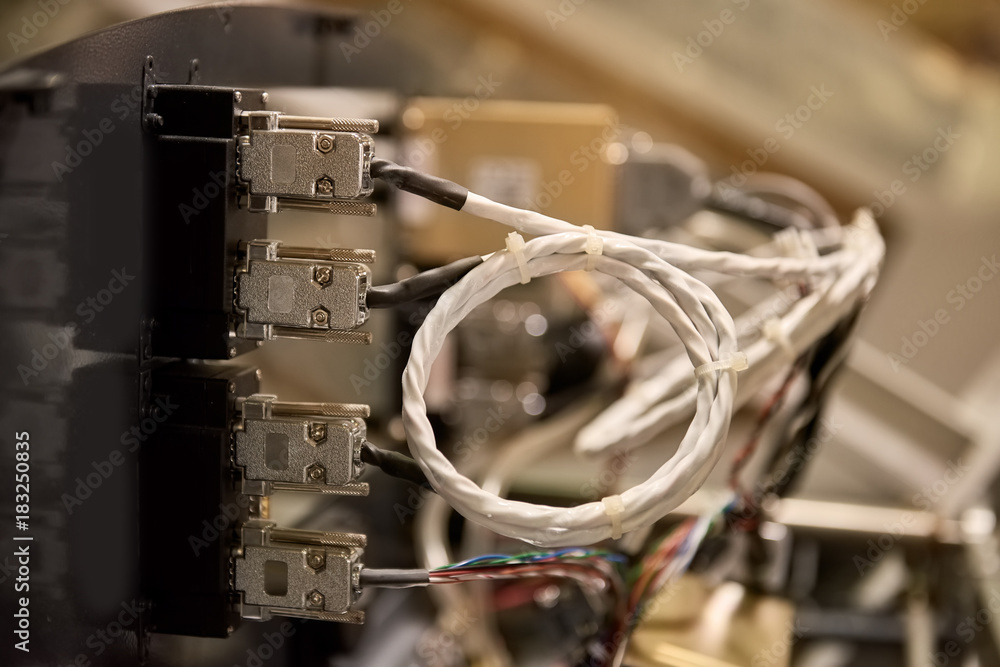 Wires of airplane dashboard. Cables with plugs close up. What is ...